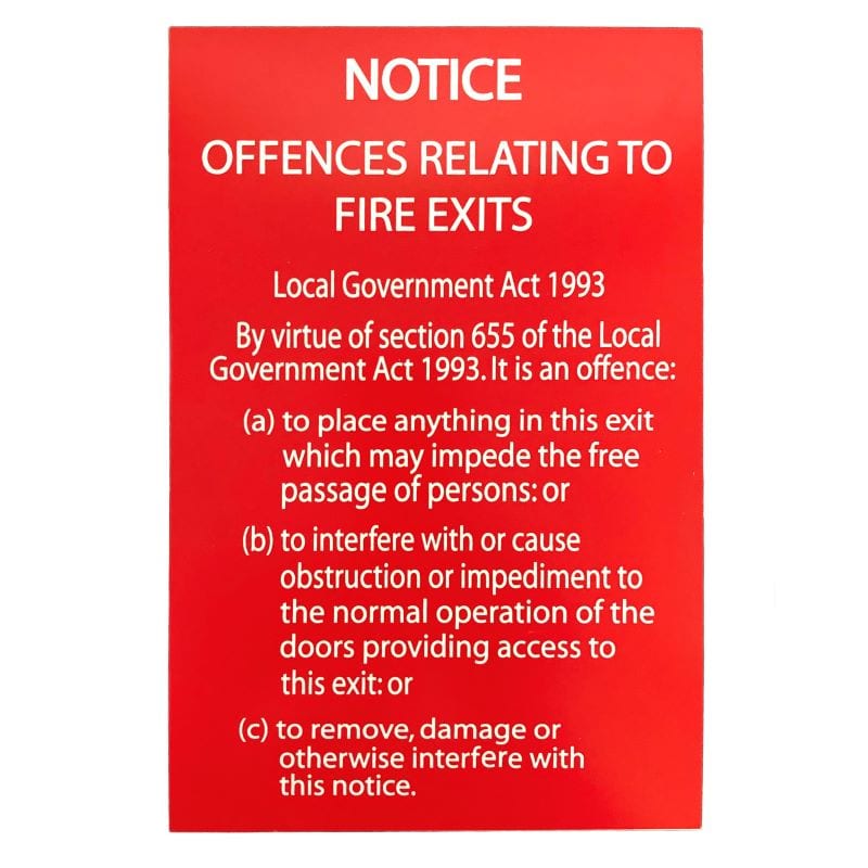 Sign PVC Offences Fire Exits Local Govt Wh On Red 150x225mm