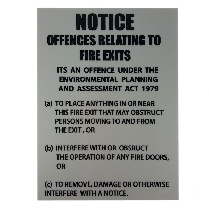 Sign PVC Offences Fire Exits EPA Act Black/Silver 150x200mm