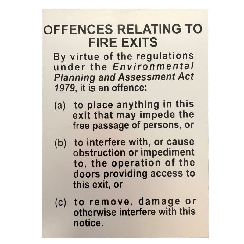 Sign PVC Offences Fire Exits EPA Act Black/Silver 150x200mm