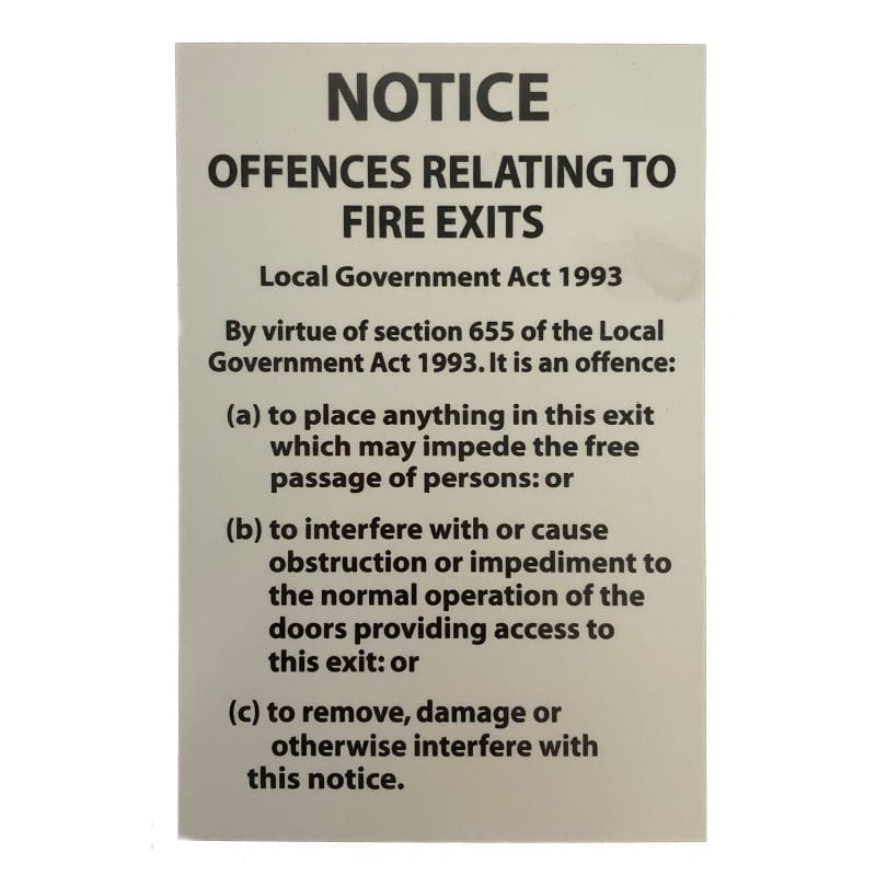 Sign PVC Offences Fire Exits Loc Gov Silver/Black 150x225mm