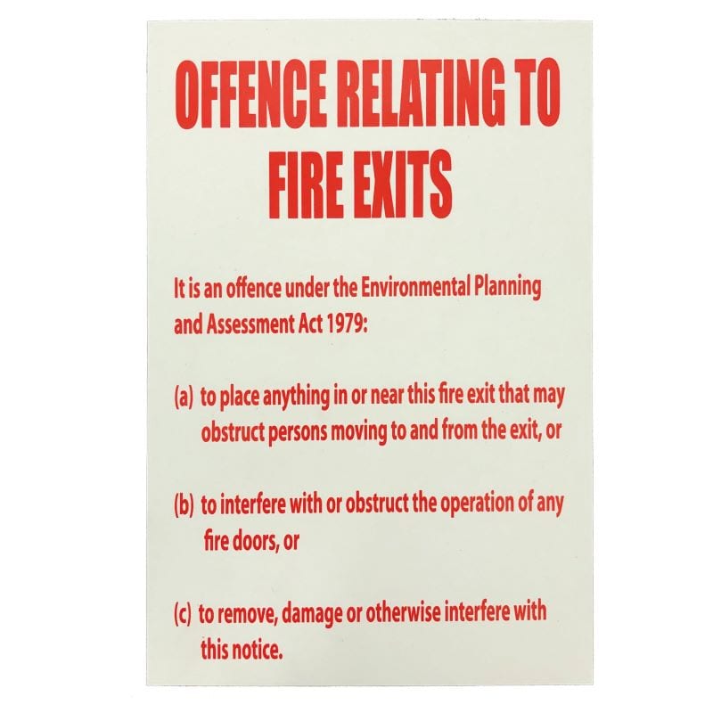Sign PVC Offences Fire Exits EPA Act Red On Wh 150x225mm