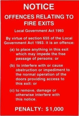 Sign S/A Offences Fire Exits Loc Govt Act 225mm W x 155mm H